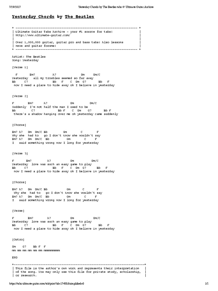 The Beatles Yesterday Guitar Chords