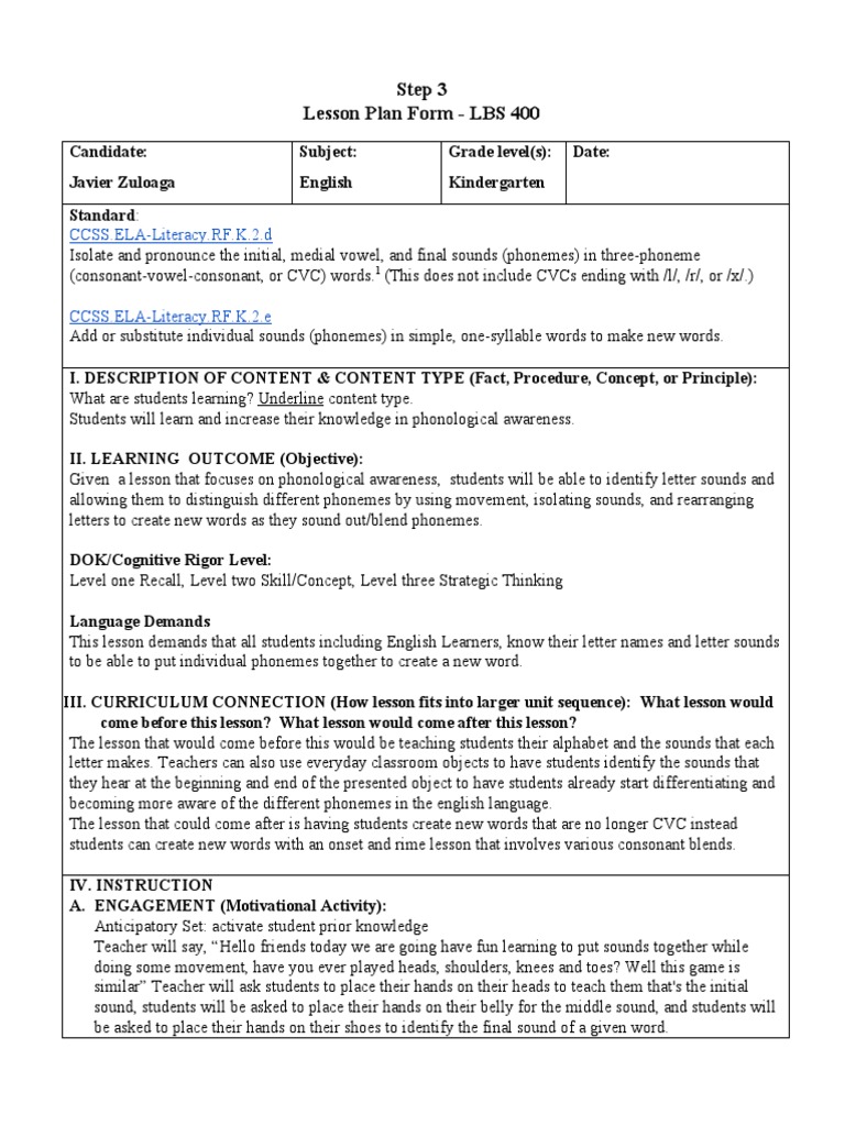 400 Lesson Plan | PDF | Phoneme | Lesson Plan