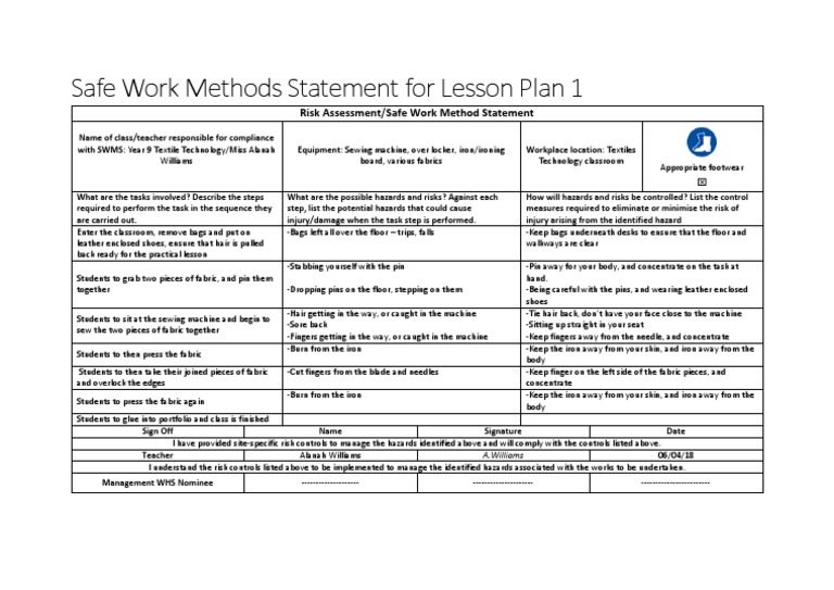 Safe Work Methods Statement For Lesson Plan 1 | PDF | Sewing | Textiles