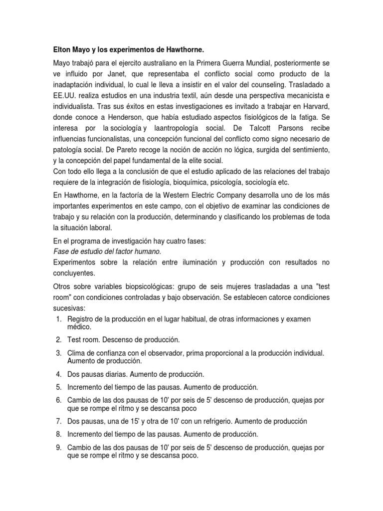 Conclusiones Del Experimento de Hawthorne ELTON MAYO | Ciencia ...