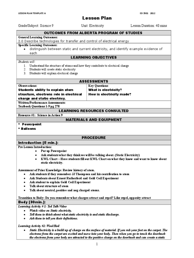 Science 9 - 1 | PDF | Electric Charge | Lesson Plan