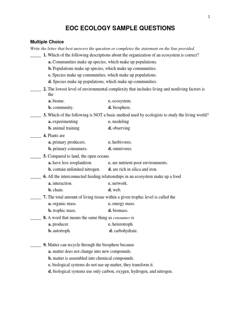 Ecology Sample Questions for Students | PDF | Ecology | Food Web
