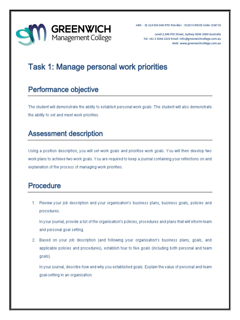 Task 1 - Manage Personal Work Priorities and PD PDF | PDF | Goal ...