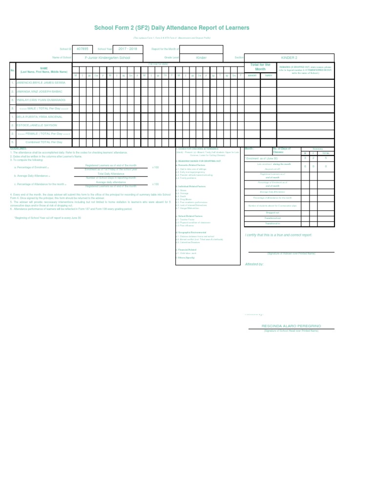 School Form 2 (SF2) Daily Attendance Report of Learners: 1. Jarencio ...
