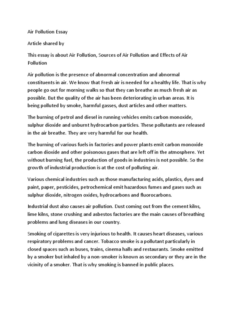 Air Pollution Essay | PDF | Air Pollution | Atmosphere Of Earth