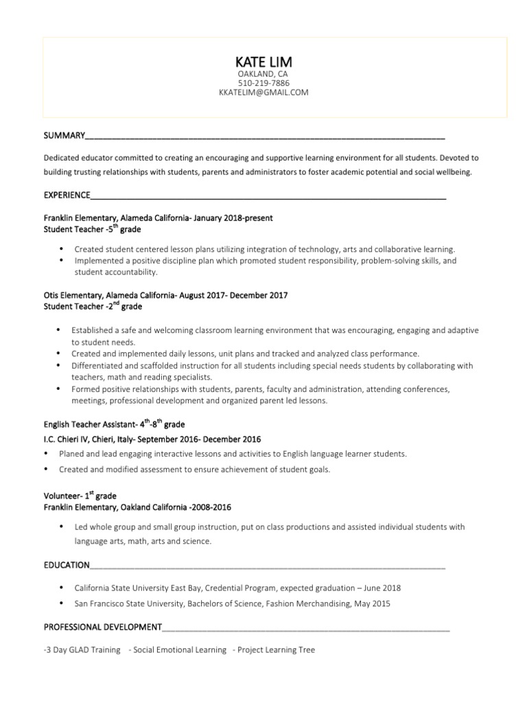 Kate Lim Resume | PDF | Teachers | Education Theory
