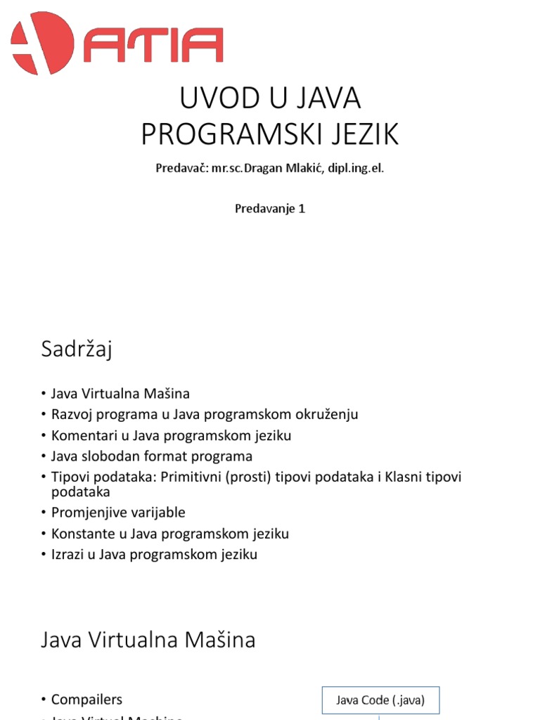Uvod U Java Programski Jezik: Predavač: MR - Sc.dragan Mlakić, Dipl ...