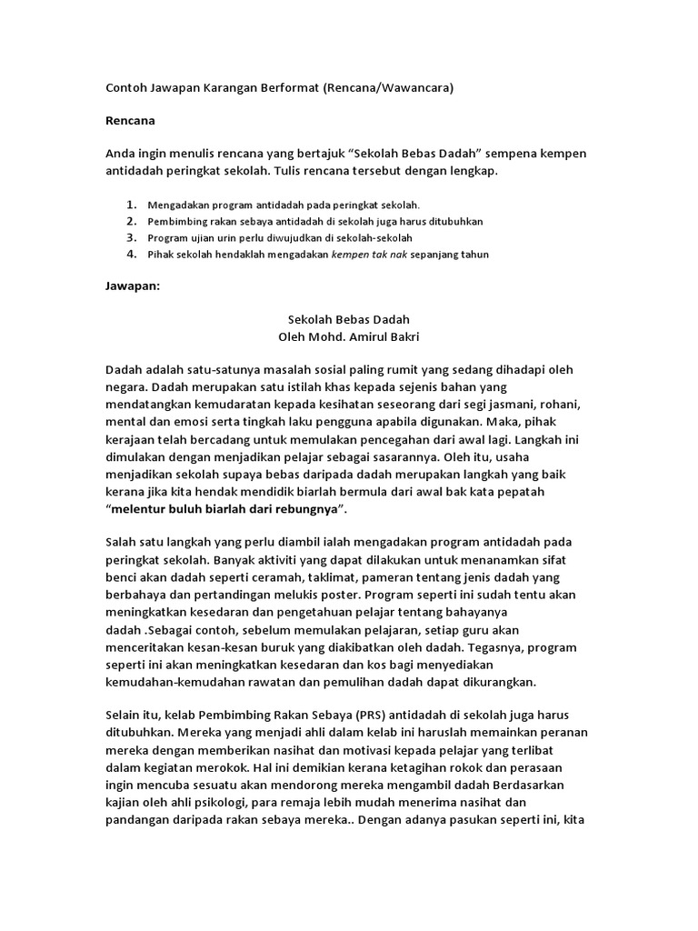 Karangan Berformat Sekolah Bebas Dadah | PDF | Pengembangan Diri | Kesehatan Holistik