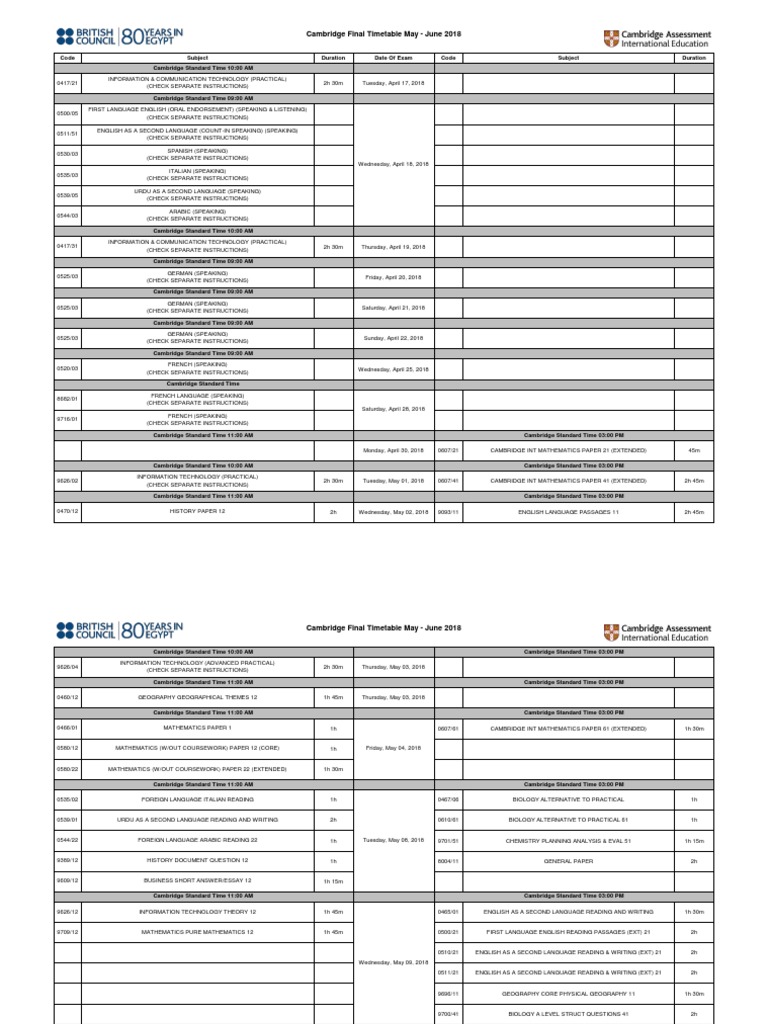 Cambridge Final Timetable May - June 2018 | Download Free PDF ...
