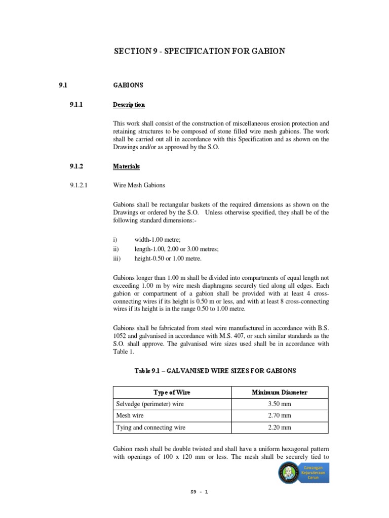 S9-Specification For Gabion | PDF | Wire | Galvanization