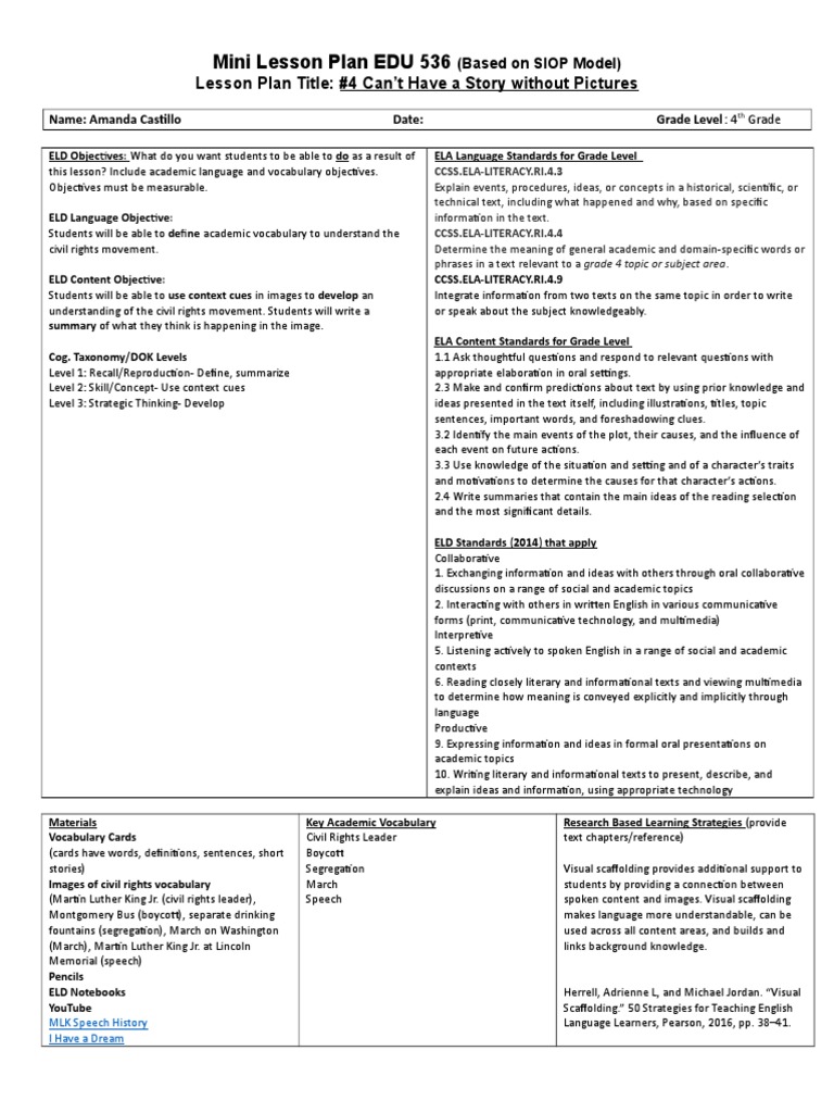 Mini Lesson Plan EDU 536: Lesson Plan Title: #4 Can't Have A Story ...