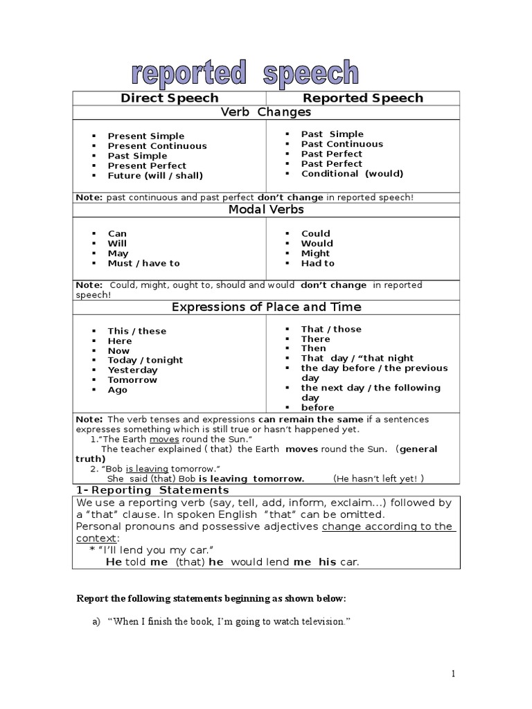 Reported Speech | Download Free PDF | Perfect (Grammar) | Language ...