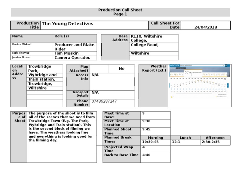 Call Sheet Day 2 | PDF