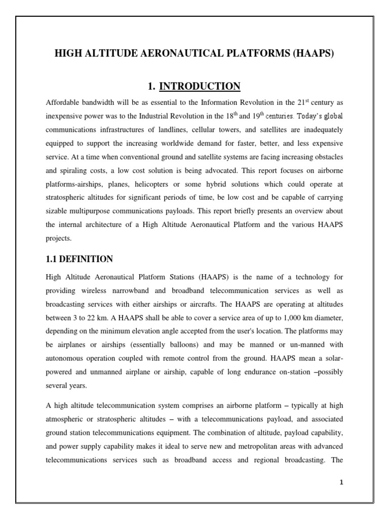 High Altitude Aeronautical Platforms (Haaps) : 1.1 Definition ...