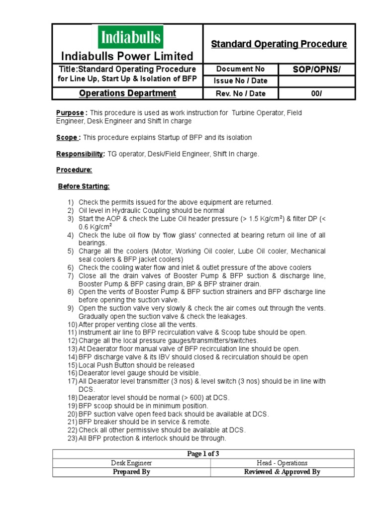 Steam Power Plant Standard Operating Procedures | PDF | Valve | Pump