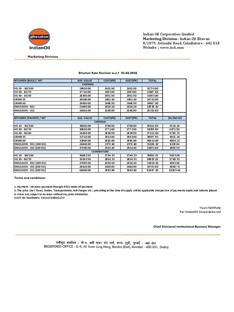 Bitumen Rates 01.04.2018 | PDF | Payments | Government Finances
