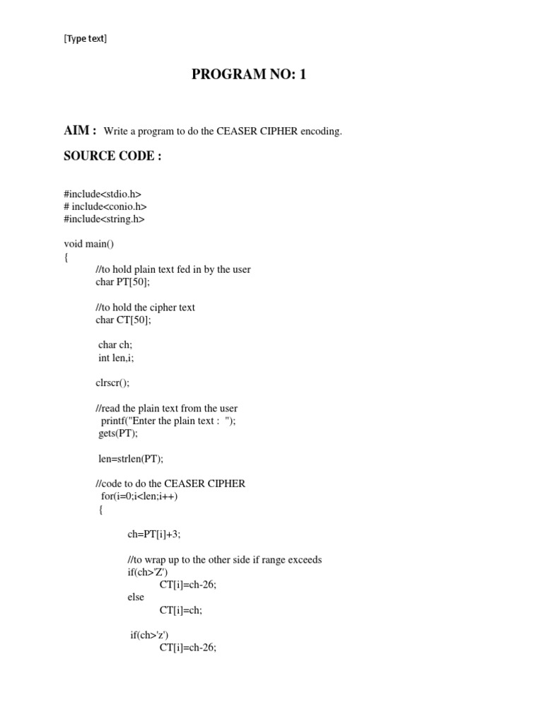 Program No: 1: Aim: Source Code | PDF | Cipher | Integer (Computer Science)