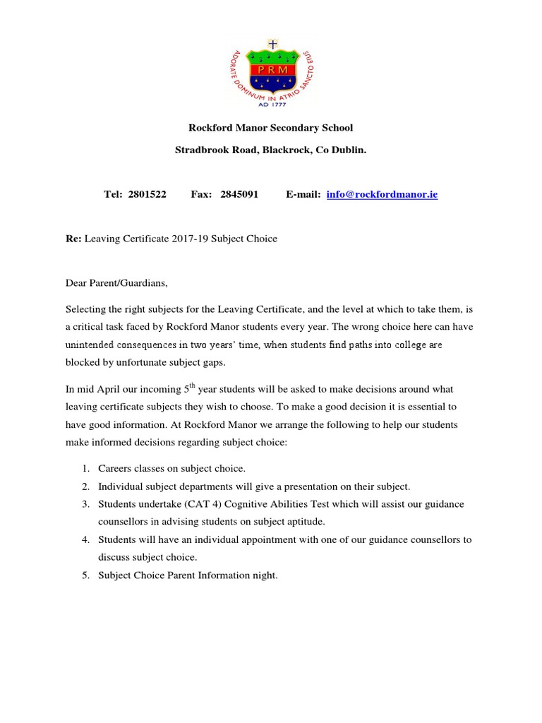 Rockford Manor Secondary School Subject Choice Letter 2019 | PDF ...