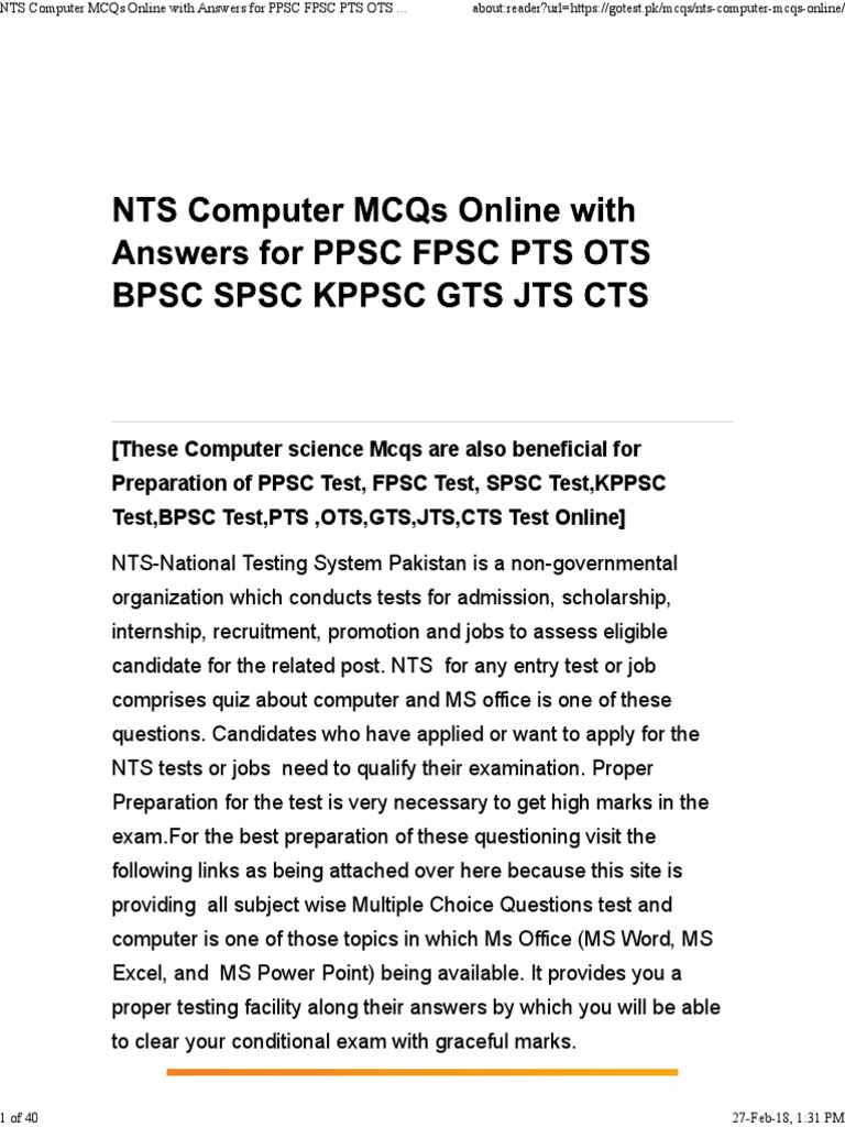 Nts Computer Mcqs Online With Answers For PPSC FPSC Pts Ots BPSC SPSC KPPSC Gts Jts Cts | PDF ...