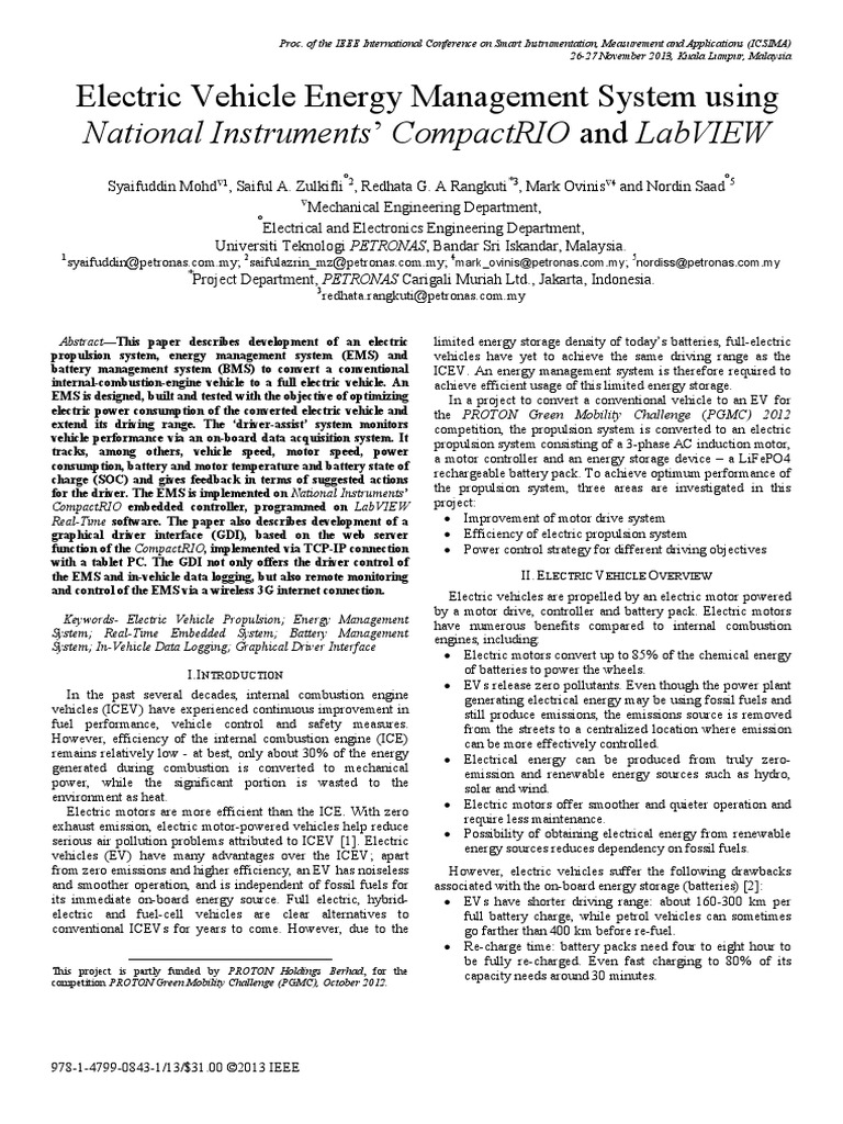 National Instruments' Compactrio and Labview: Electric Vehicle Energy Management System Using ...