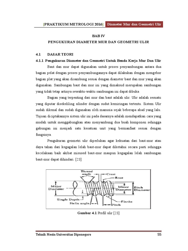 Bab IV Pengukuran Diameter Mur Dan Geometri Ulir | PDF | Teknologi ...