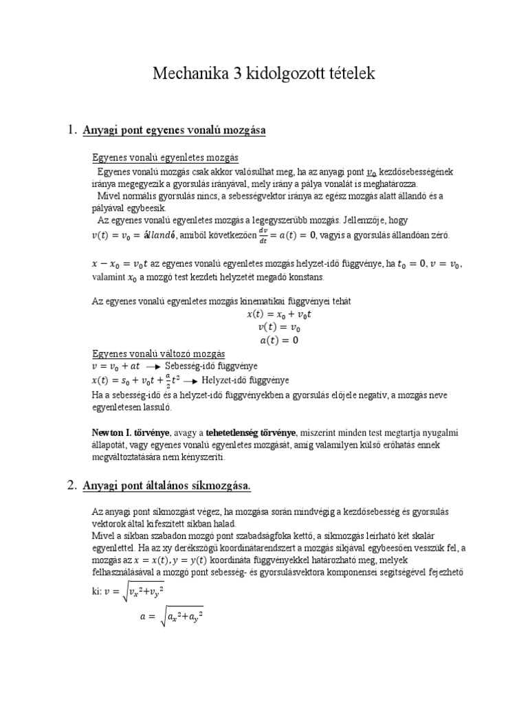 Mechanika 3 Kidolgozott Tételek | PDF