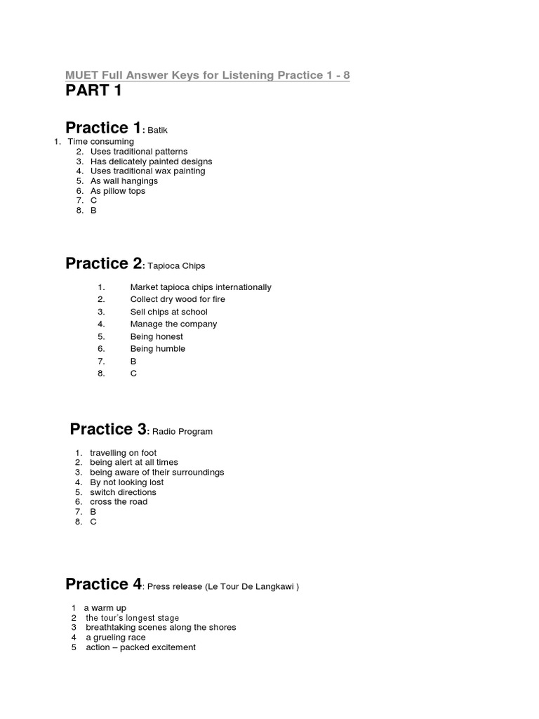 MUET Full Answer Keys For Listening Practice 1 | PDF