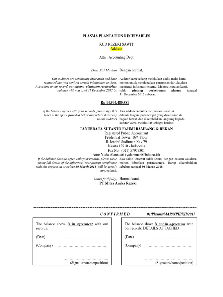 Confirmation Letter Plasma | PDF | Accounting | Accounting And Audit