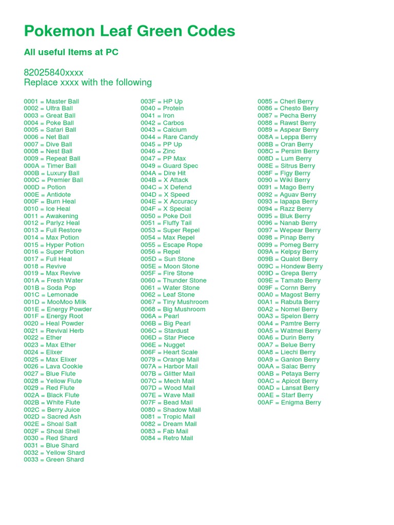 PKMN Leaf Green Codes | PDF | Nintendo Franchises | Pokémon