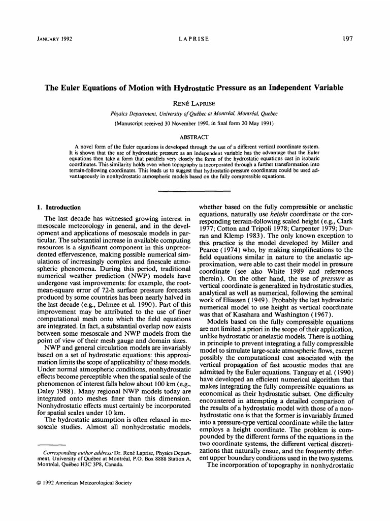 The Euler Equations of Motion With Hydrostatic Pressure As Independent ...