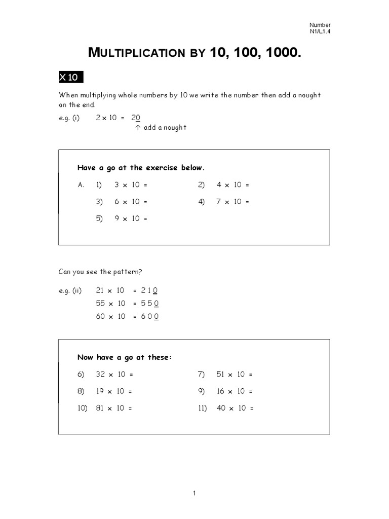 Multiplication Exercises: 10, 100, 1000 | PDF | Leisure