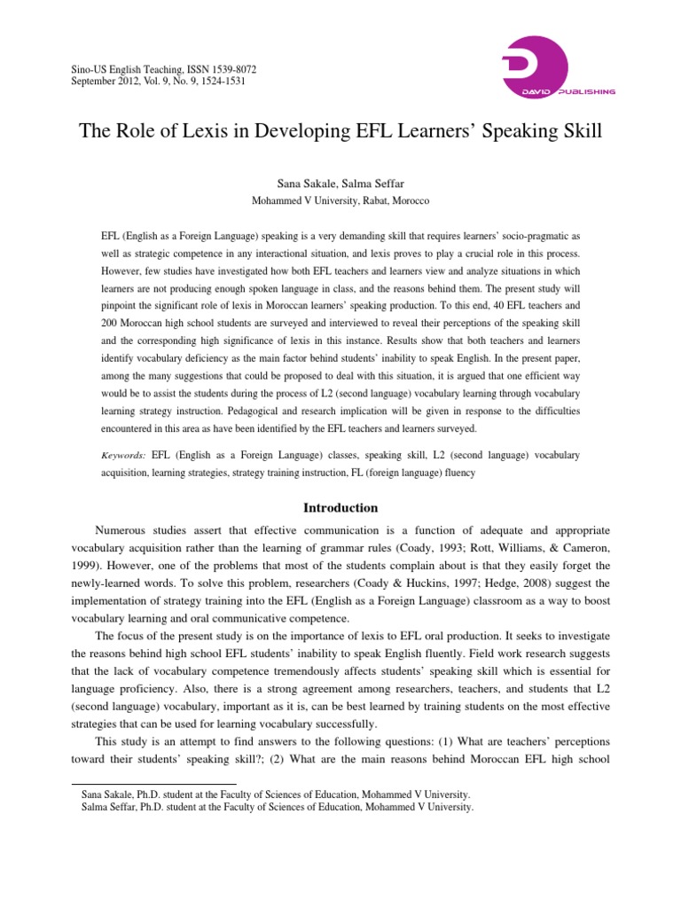 The Role of Lexis in Developing EFL Learners' Speaking Skill | PDF ...