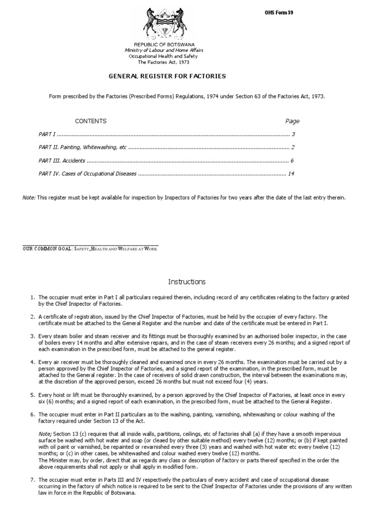 OHS Form 59 General Register For Factories | PDF | Occupational Safety ...
