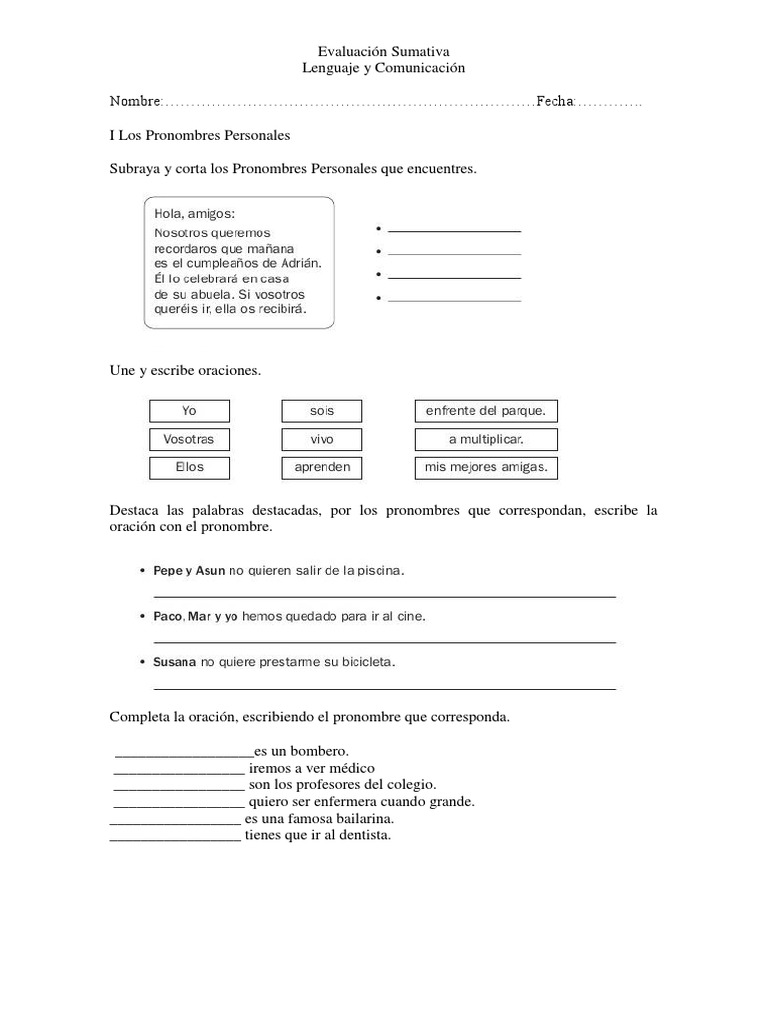 Prueba Pronombres Personales Verbo y Otros | PDF