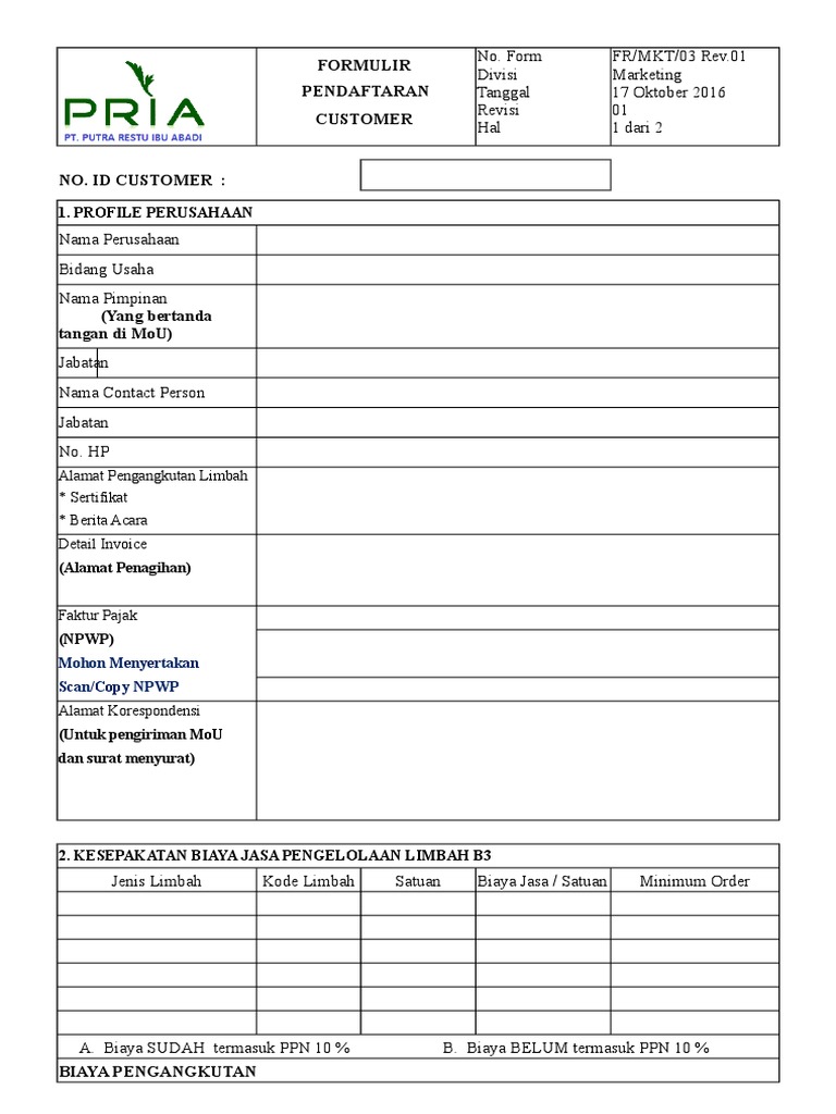 Formulir Registrasi Customer | PDF | Pengelolaan Keuangan & Uang