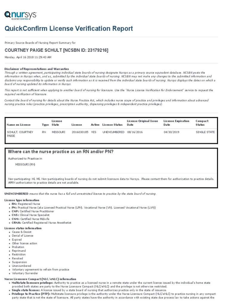 Nursys QuickConfirm License Verification Report 2018-04-16 | Advanced ...