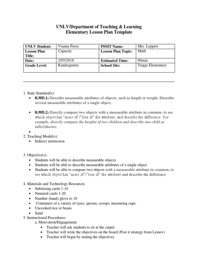 UNLV/Department of Teaching & Learning Elementary Lesson Plan Template ...