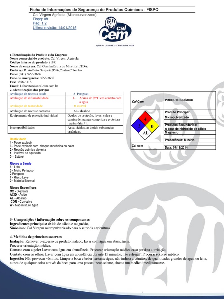 Fispq Cal Virgem Agricola NBR14725 | PDF | Embalagem e Rotulagem | Água