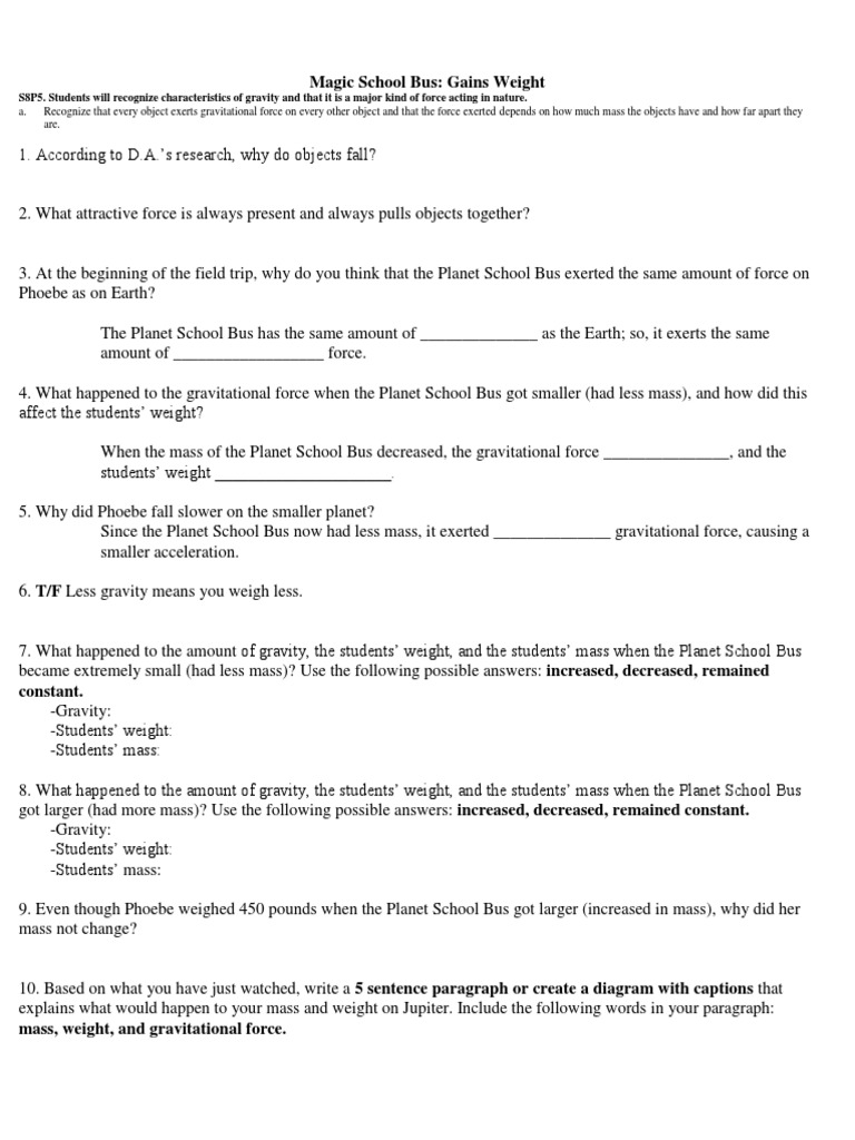 Magic School Bus Gains Weight Activity | PDF | Language Arts ...