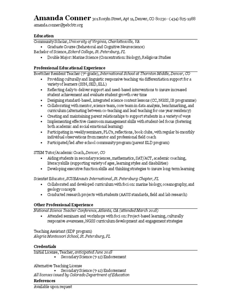 Amanda Conner Teaching Resume 4 14 2018 | PDF | Teachers | Mentorship