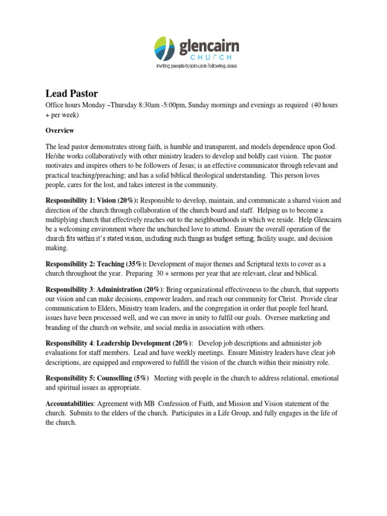 Lead Pastor Job Description | PDF