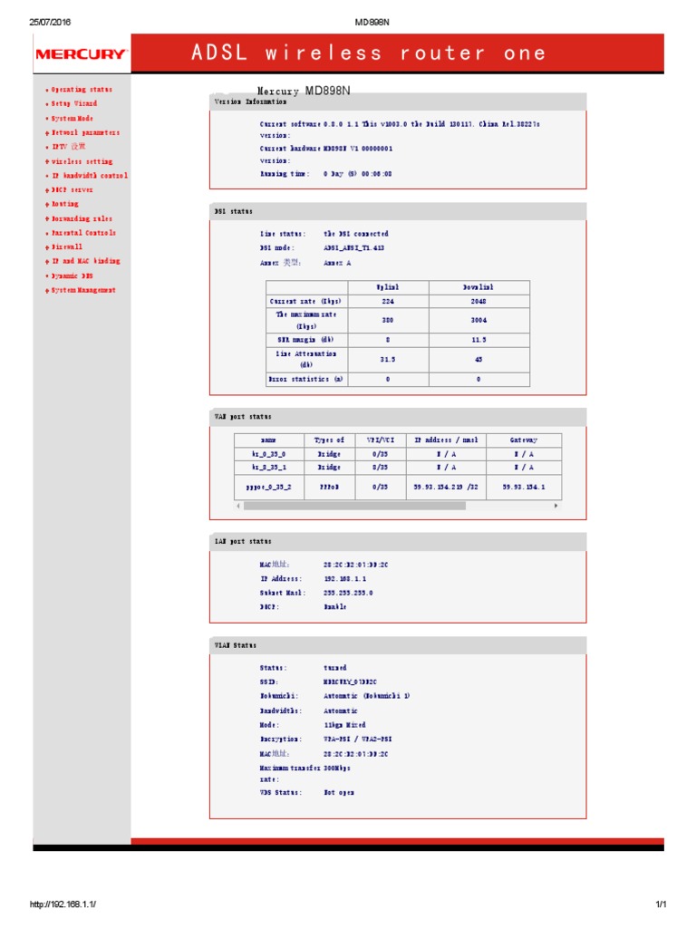 Mercury MD898N Router Setup Guide | PDF | Ip Address | Wireless Lan