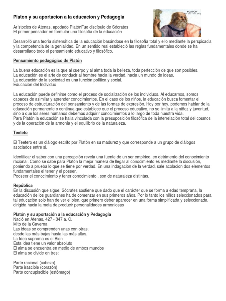Platon y Su Aportacion A La Educacion y Pedagogia | PDF | Platón | Conocimiento