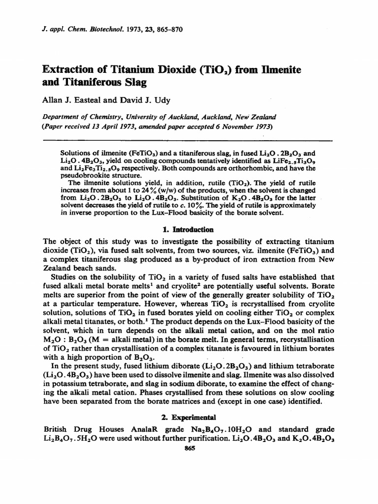 Extraction Titanium Dioxide (Tio,) From Ilmenite and Titaniferous Slag ...