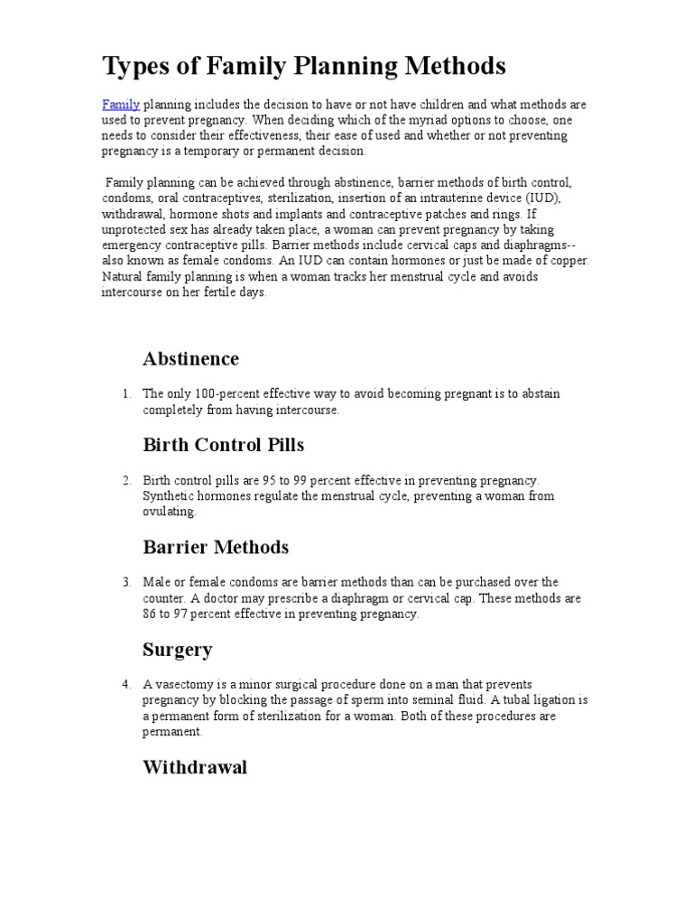 Family Planning Methods Overview | PDF | Birth Control | Menstrual Cycle