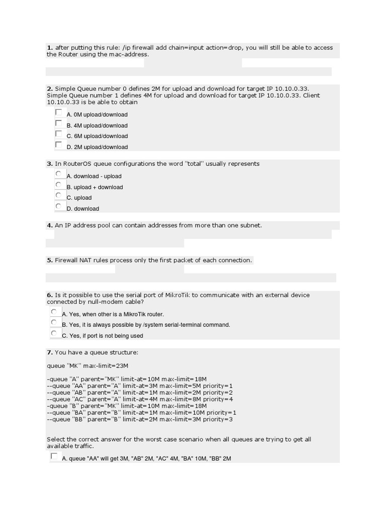 MikroTik RouterOS Quiz Answers | PDF | Router (Computing) | Firewall (Computing)