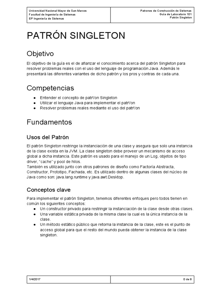 Patrón Singleton | PDF | Java (lenguaje de programación) | Hilo (Computación)