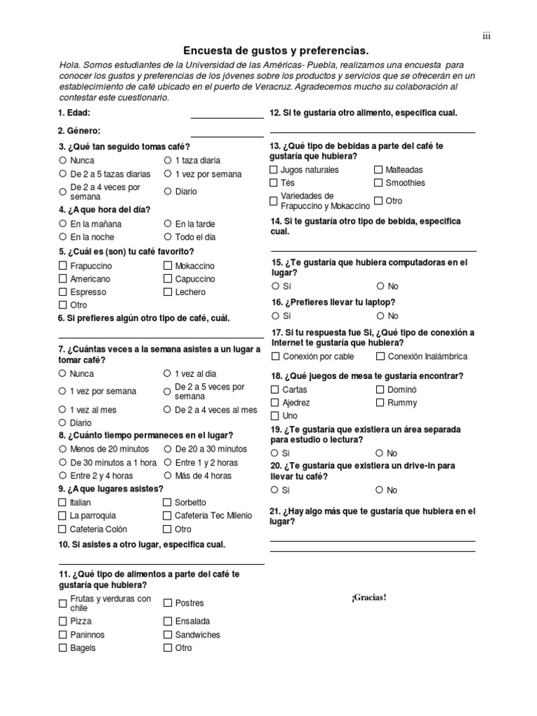 Encuesta de Gustos y Preferencias | café | Ocio