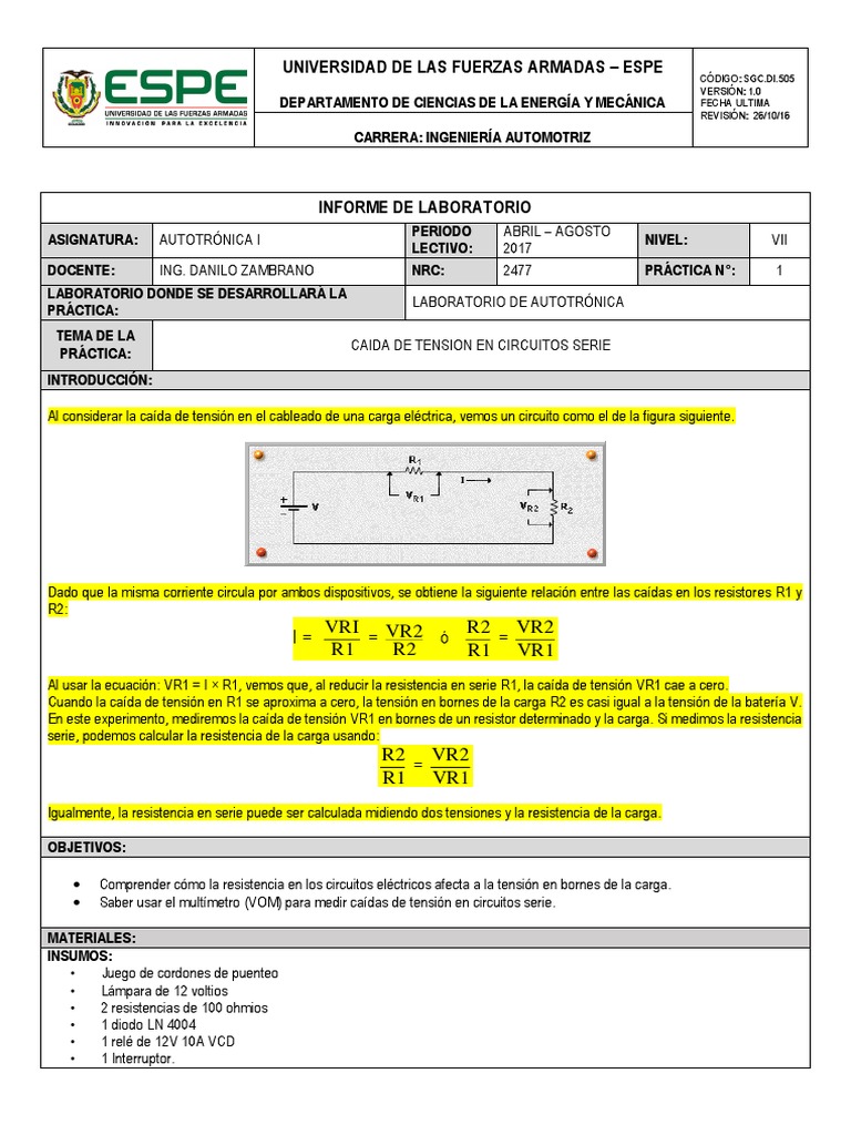 Autotrónica I Inf1 | PDF | Resistencia Eléctrica y Conductancia | voltaje