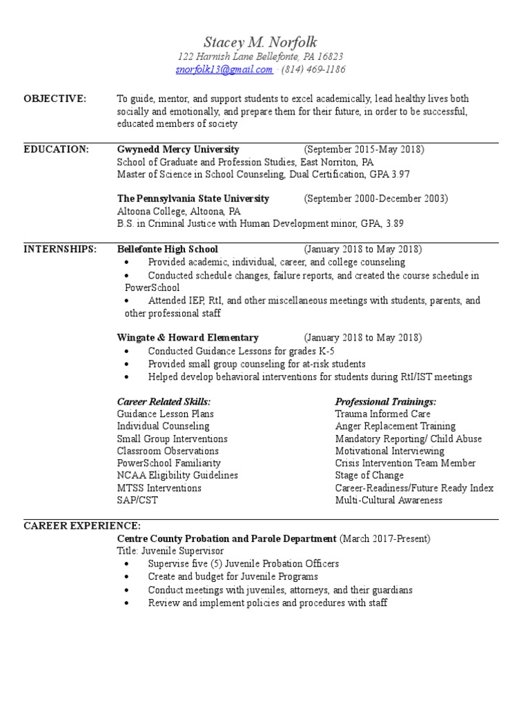 Stacey M. Norfolk: Objective | PDF | Probation Officer | School Counselor
